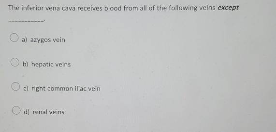 Solved The inferior vena cava receives blood from all of the | Chegg.com