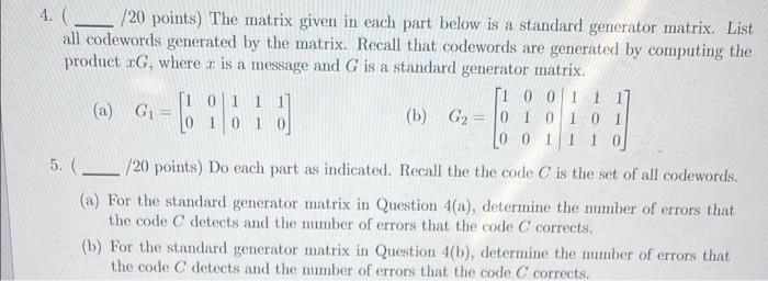 Solved 1 4. /20 points) The matrix given in each part below | Chegg.com