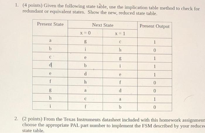 Solved 1. (4 points) Given the following state table, use | Chegg.com