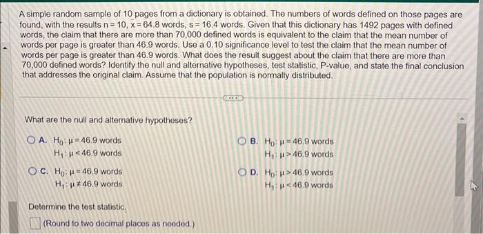 Solved A simple random sample of 10 pages from a dictionary | Chegg.com