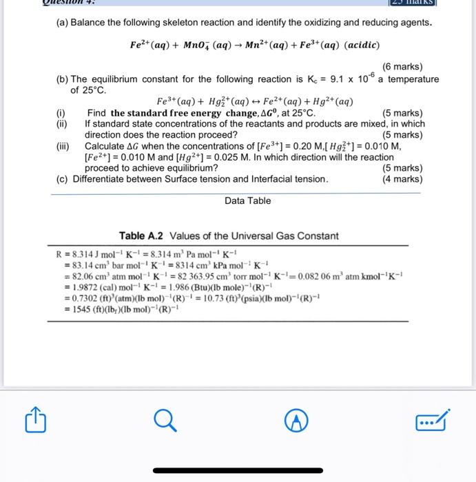Solved (a) Balance the following skeleton reaction and | Chegg.com