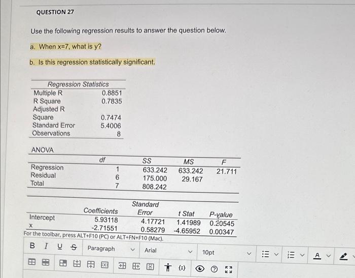 Solved Use the following regression results to answer the | Chegg.com