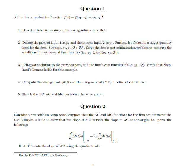 Solved Question 1A firm has a production function | Chegg.com
