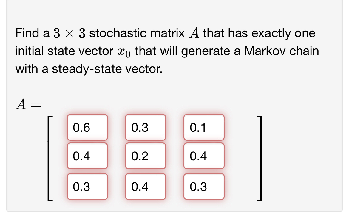 Solved Find a 3×3 ﻿stochastic matrix A that has exactly one | Chegg.com