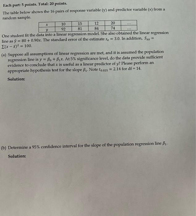 Solved Each part: 5 points. Total: 20 points. The table | Chegg.com Solved Each part: 5 points. Total: 20 points. The table | Chegg.com