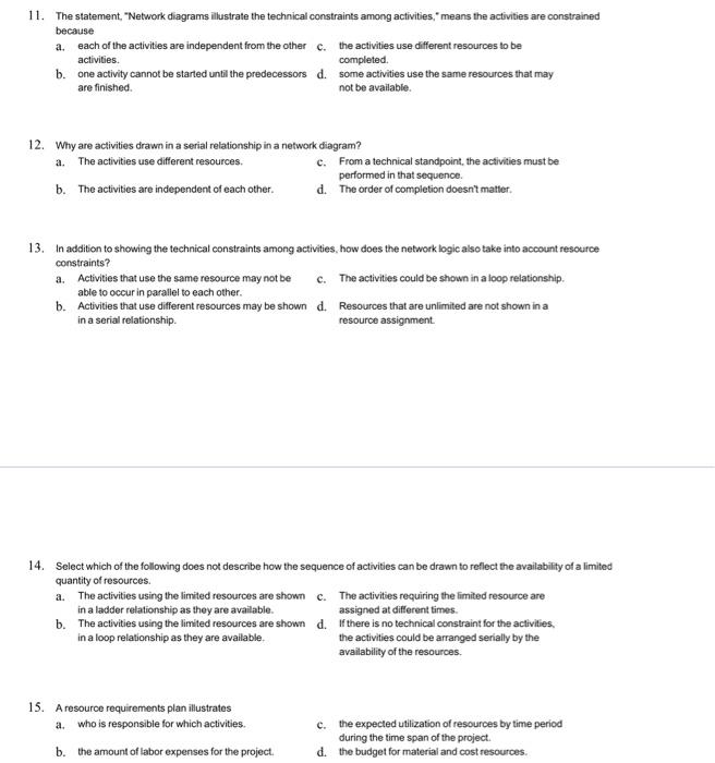 Solved 11. The statement, "Network diagrams illustrate the | Chegg.com