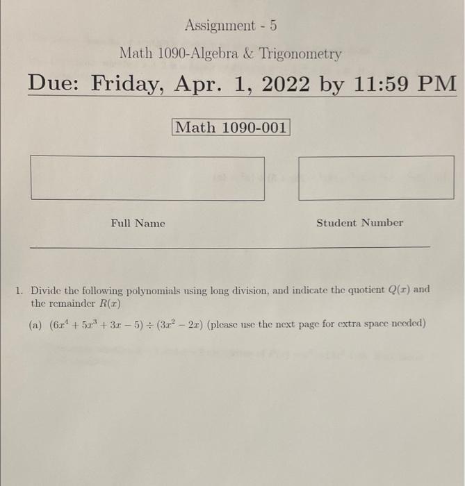 Solved Assignment - 5 Math 1090-Algebra & Trigonometry Due: | Chegg.com