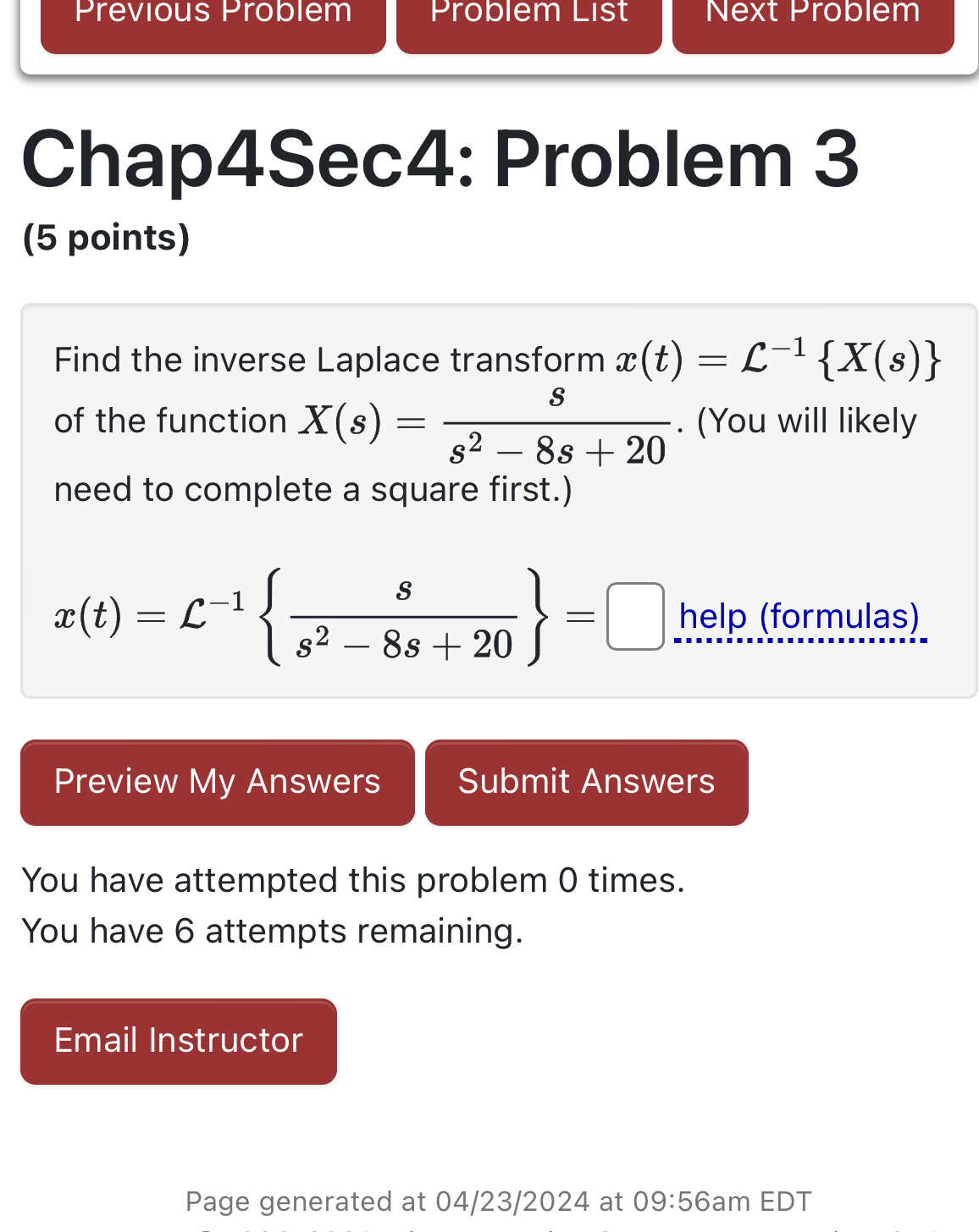 Solved Chap4Sec4: Problem 3(5 ﻿points)Find the inverse | Chegg.com