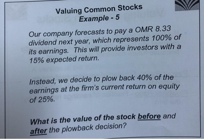 Solved Valuing Common Stocks Example - 5 Our company | Chegg.com