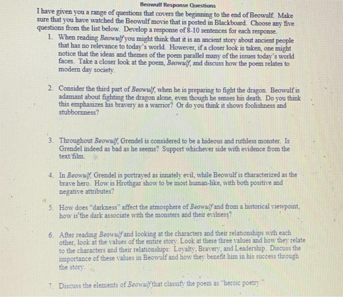 Beowulf Response Questions I have given you a range | Chegg.com