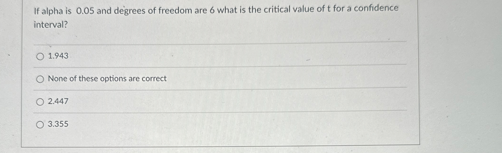 Solved If alpha is 0.05 ﻿and degrees of freedom are 6 ﻿what | Chegg.com