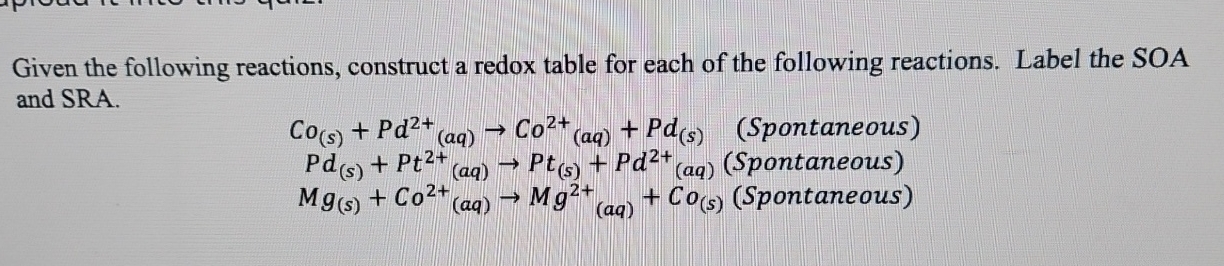 Given the following reactions, construct a redox | Chegg.com