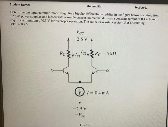 Determine the input common-mode range for a bipolar | Chegg.com