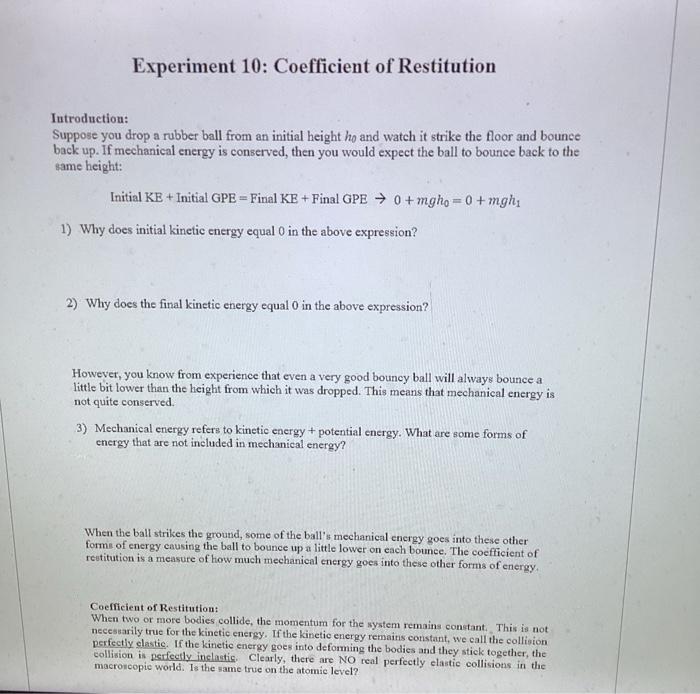 Solved Experiment 10: Coefficient of Restitution | Chegg.com