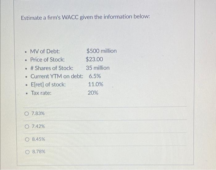 Solved Estimate a firm's WACC given the information below: | Chegg.com