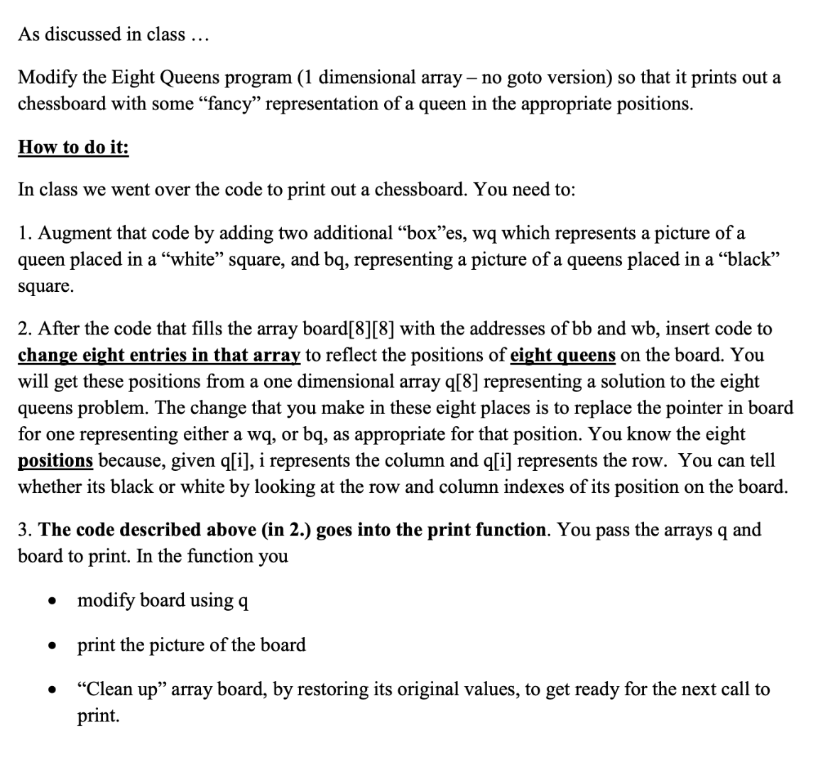 Solved As discussed in class Modify the Eight Queens program | Chegg.com