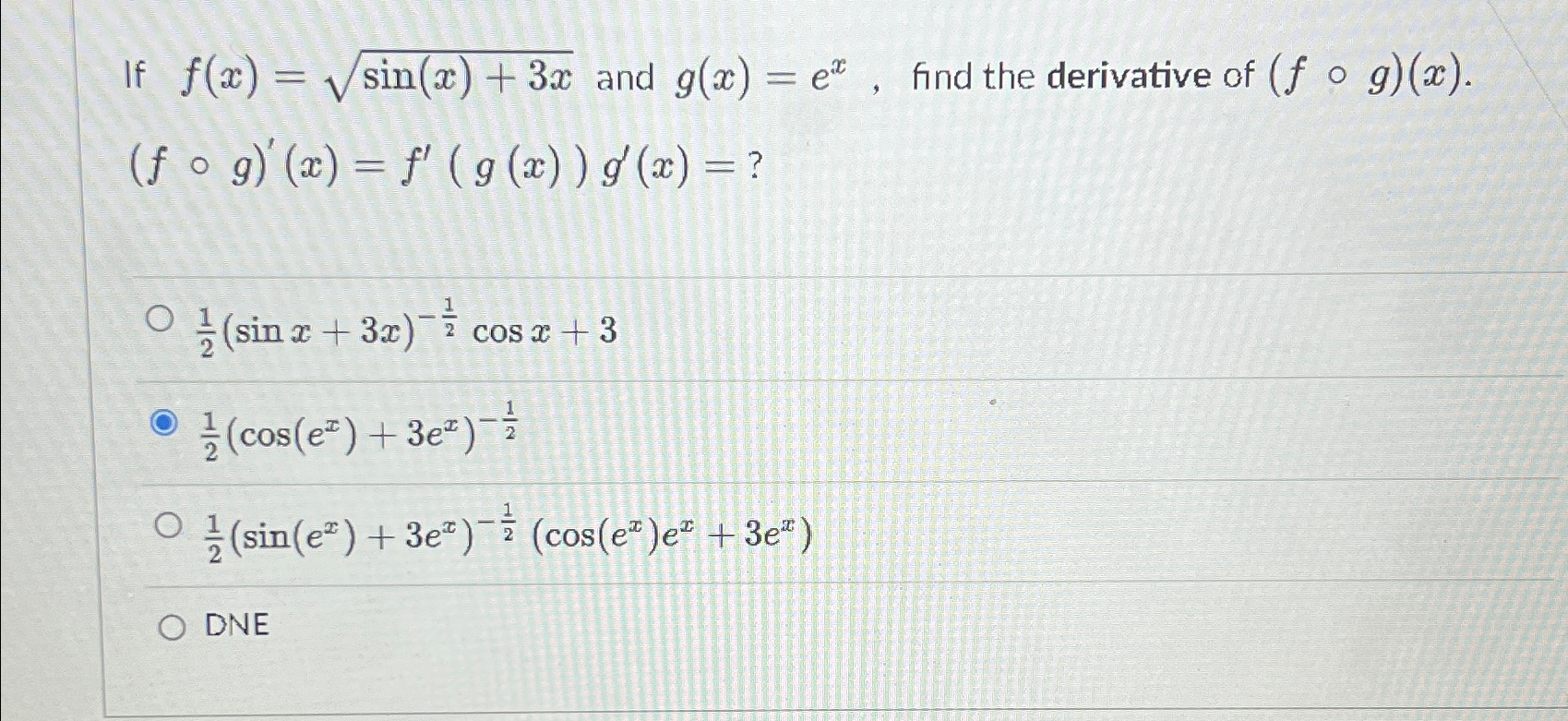 Solved If f(x)=sin(x)+3x2 ﻿and g(x)=ex, ﻿find the derivative | Chegg.com