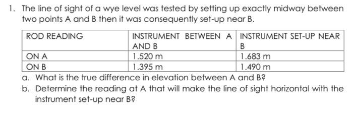 Solved 1. The line of sight of a wye level was tested by | Chegg.com