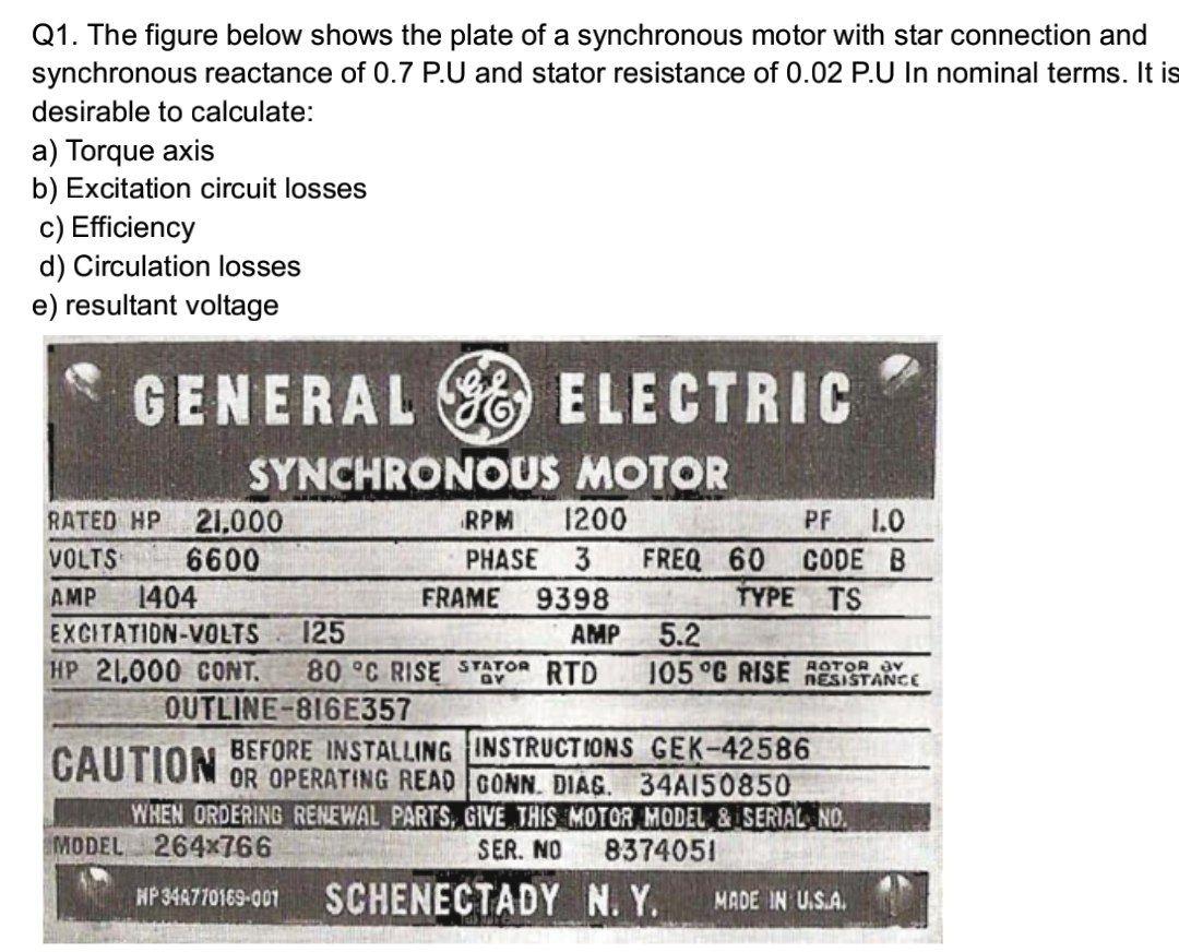 Solved Q1. The figure below shows the plate of a synchronous | Chegg.com