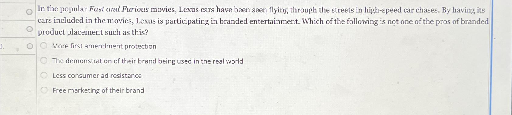 Solved In the popular Fast and Furious movies, Lexus cars | Chegg.com