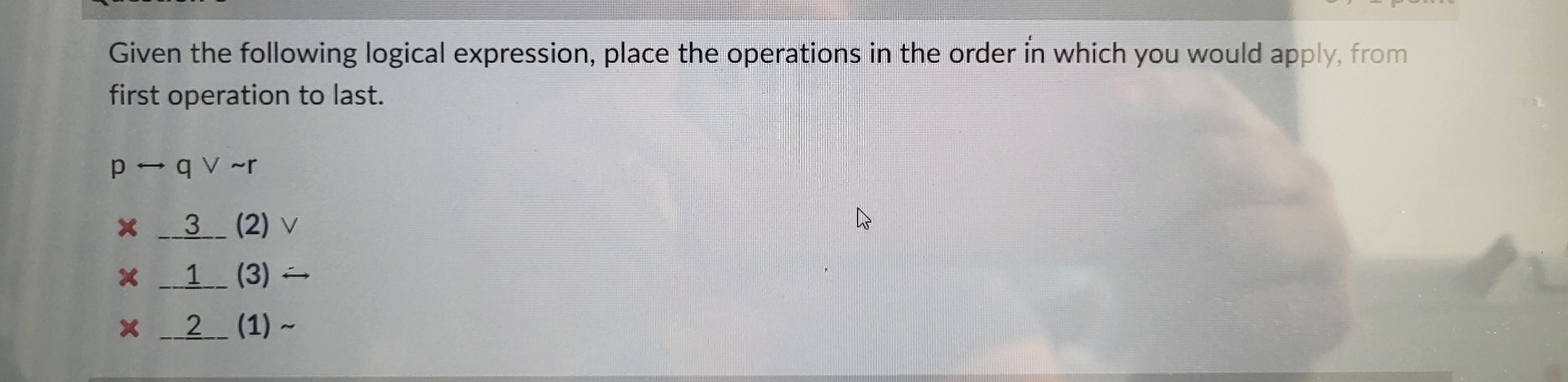 Solved Given the following logical expression, place the | Chegg.com