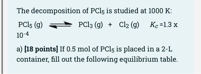 Solved The decomposition of PCl5 is studied at 1000 K : | Chegg.com