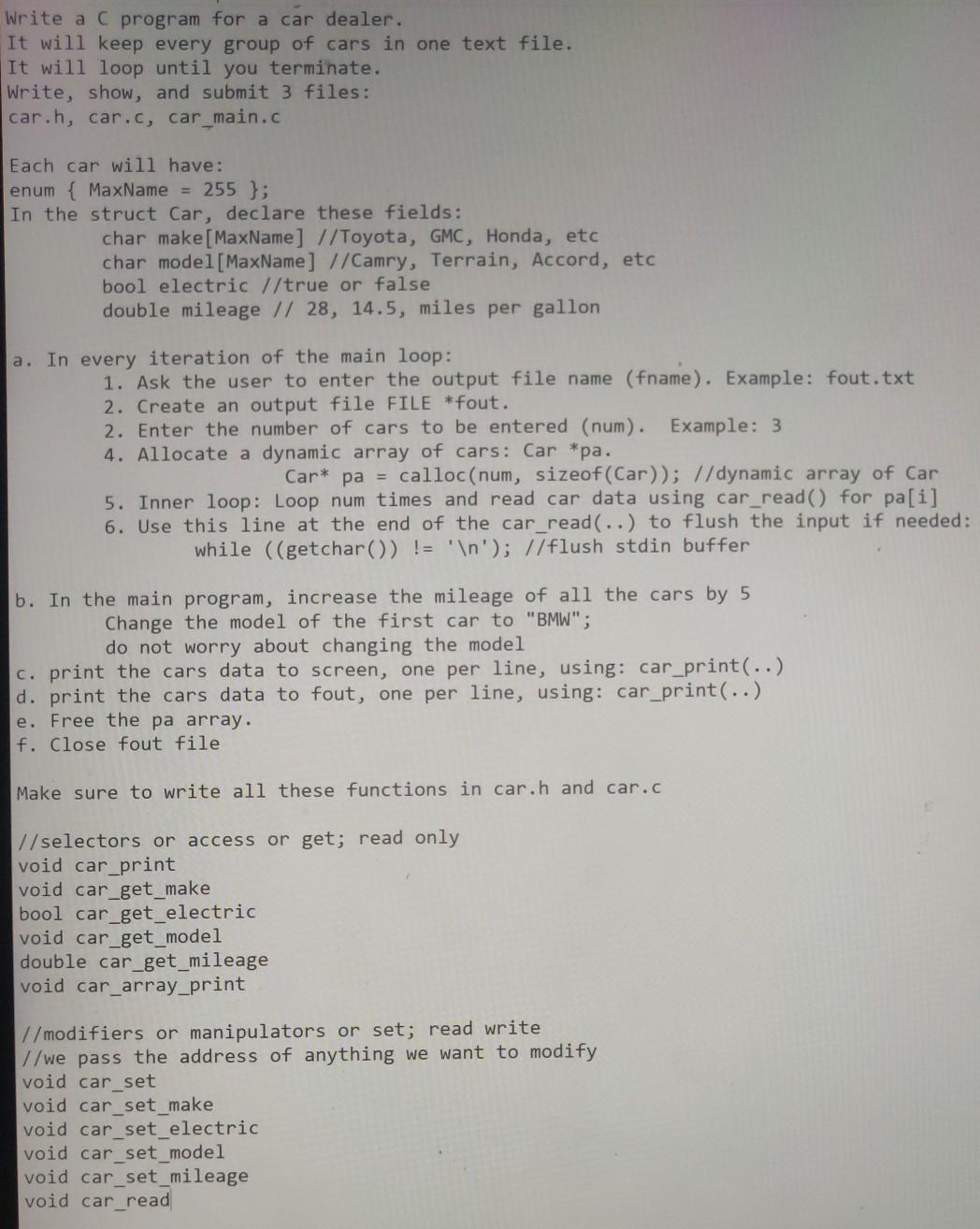 Solved Write a C program for a car dealer. It will keep | Chegg.com