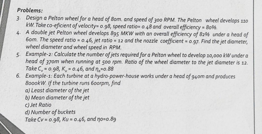 Solved 3. Design a Pelton wheel for a head of 80 m. and | Chegg.com