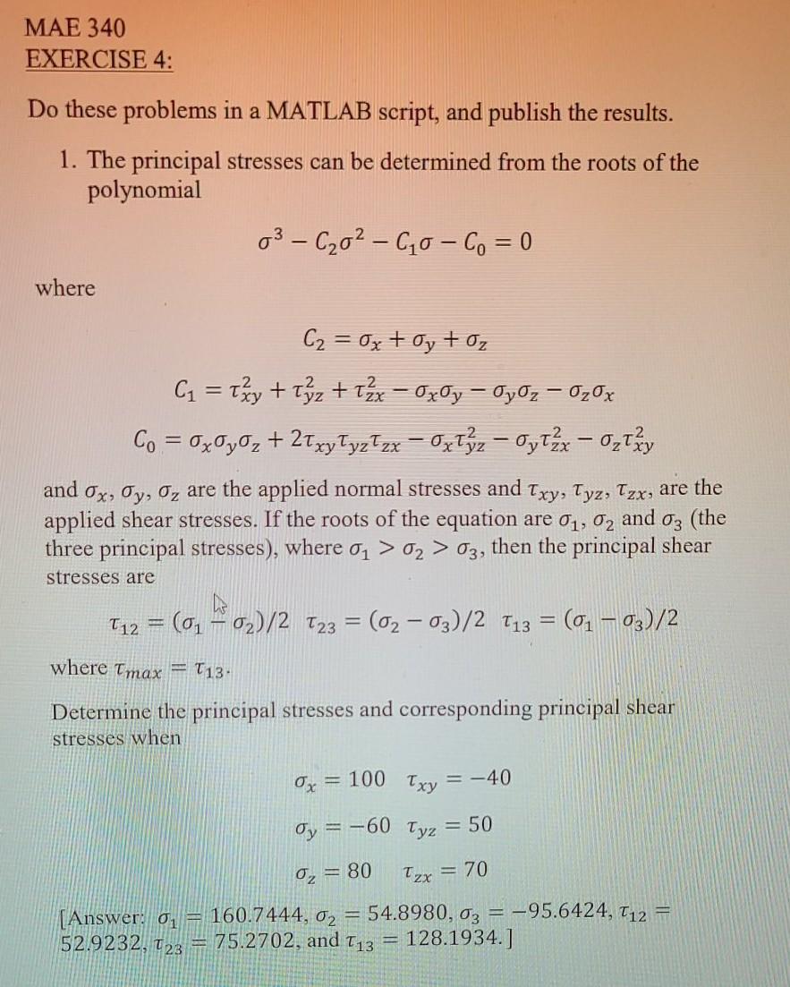 Solved MAE 340 EXERCISE 4: Do these problems in a MATLAB | Chegg.com