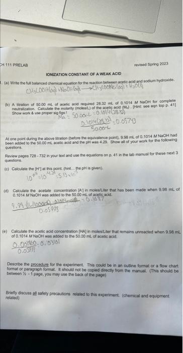 111 PRELAB revised Spring 2023 IONIZATION CONSTANT OF | Chegg.com