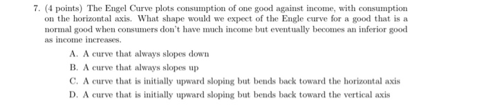 Solved 7. (4 points) The Engel Curve plots consumption of | Chegg.com