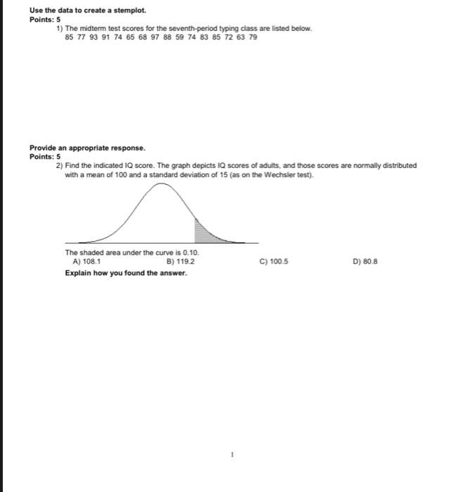 Solved Use The Data To Create A Stemplot Points 5 1 The 