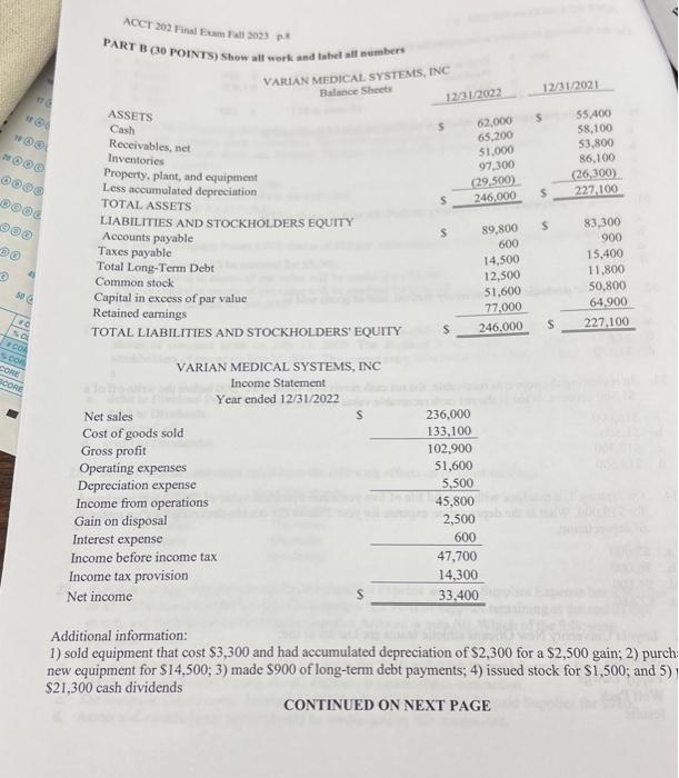 Solved Acct 202 Final Exam Fall 2023 P Part 8 30 Foints Chegg
