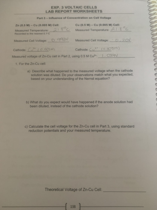 EXP. 3 VOLTAIC CELLS LAB REPORT WORKSHEETS Part 3 - | Chegg.com EXP. 3 VOLTAIC CELLS LAB REPORT WORKSHEETS Part 3 - | Chegg.com