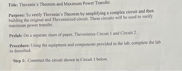 Solved Title: Thevenin's Theorem and Maximum Power Transfer. | Chegg.com