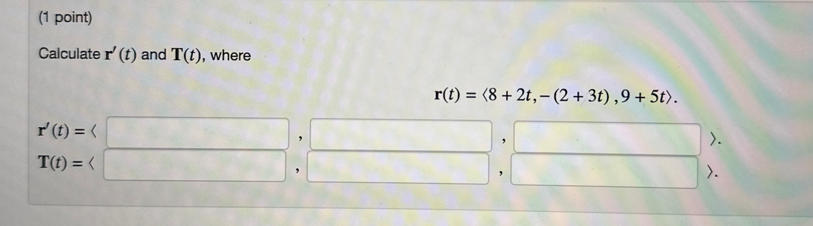 Solved (1 point)Calculate r'(t) and T(t), | Chegg.com Solved (1 point)Calculate r'(t) and T(t), | Chegg.com