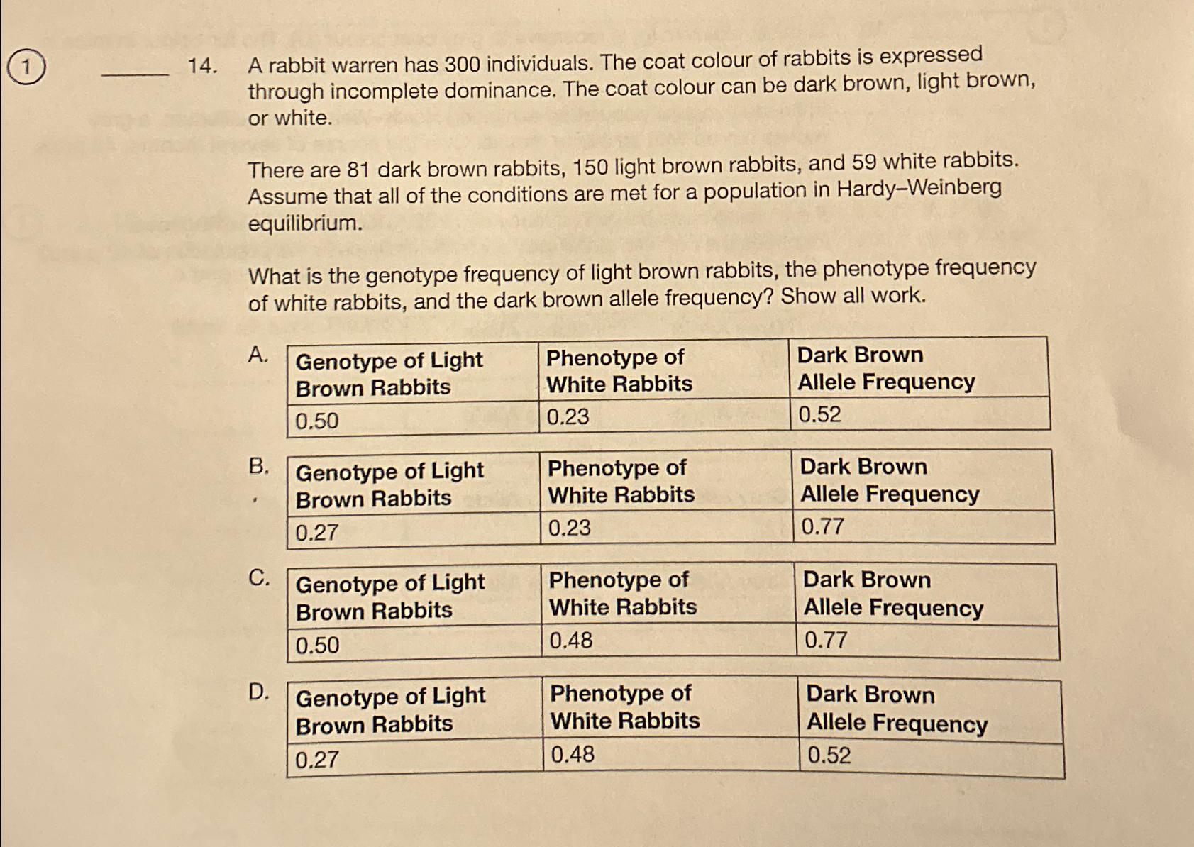 Solved (1)14. ﻿A rabbit warren has 300 ﻿individuals. The | Chegg.com