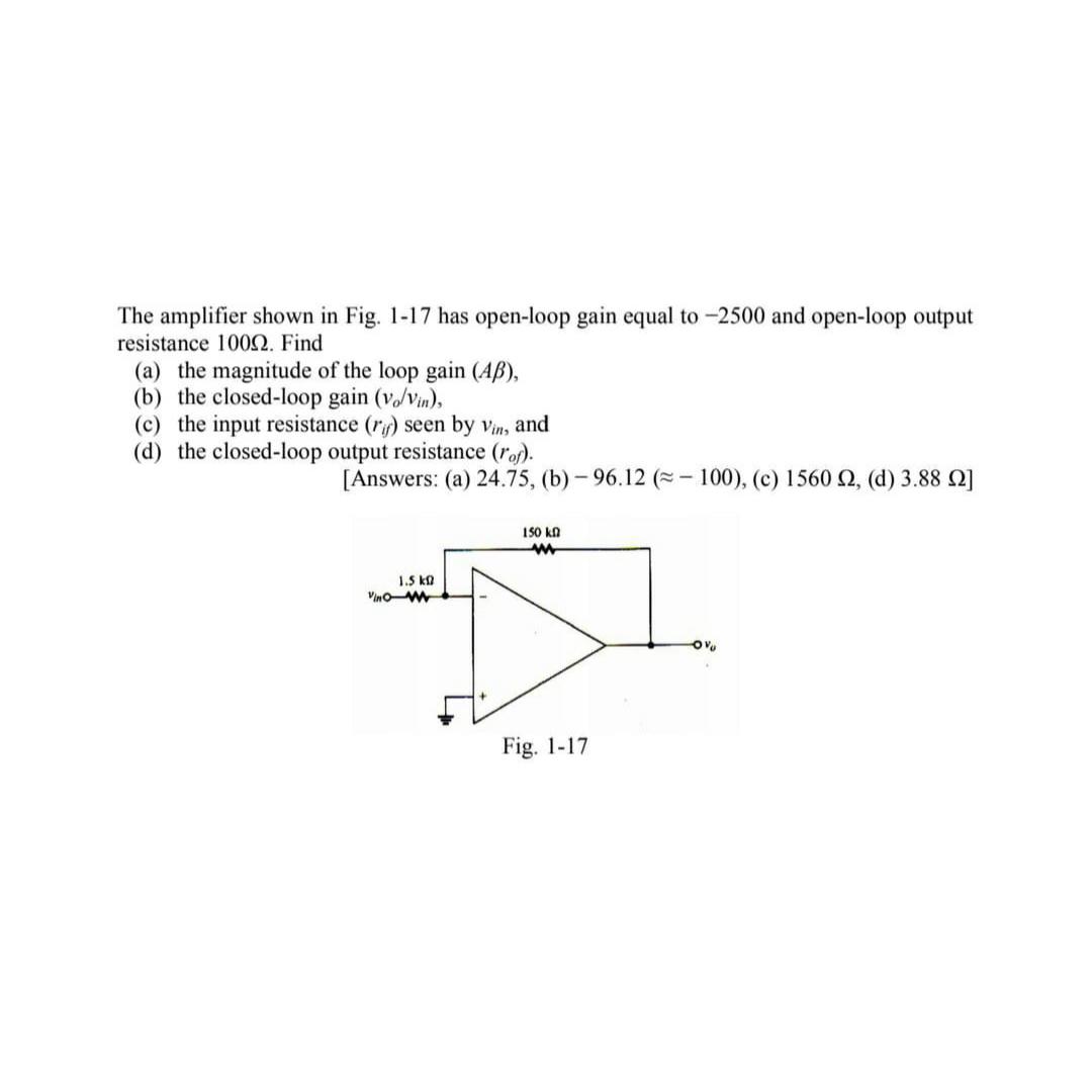 Solved The amplifier shown in Fig. 1-17 ﻿has open-loop gain | Chegg.com