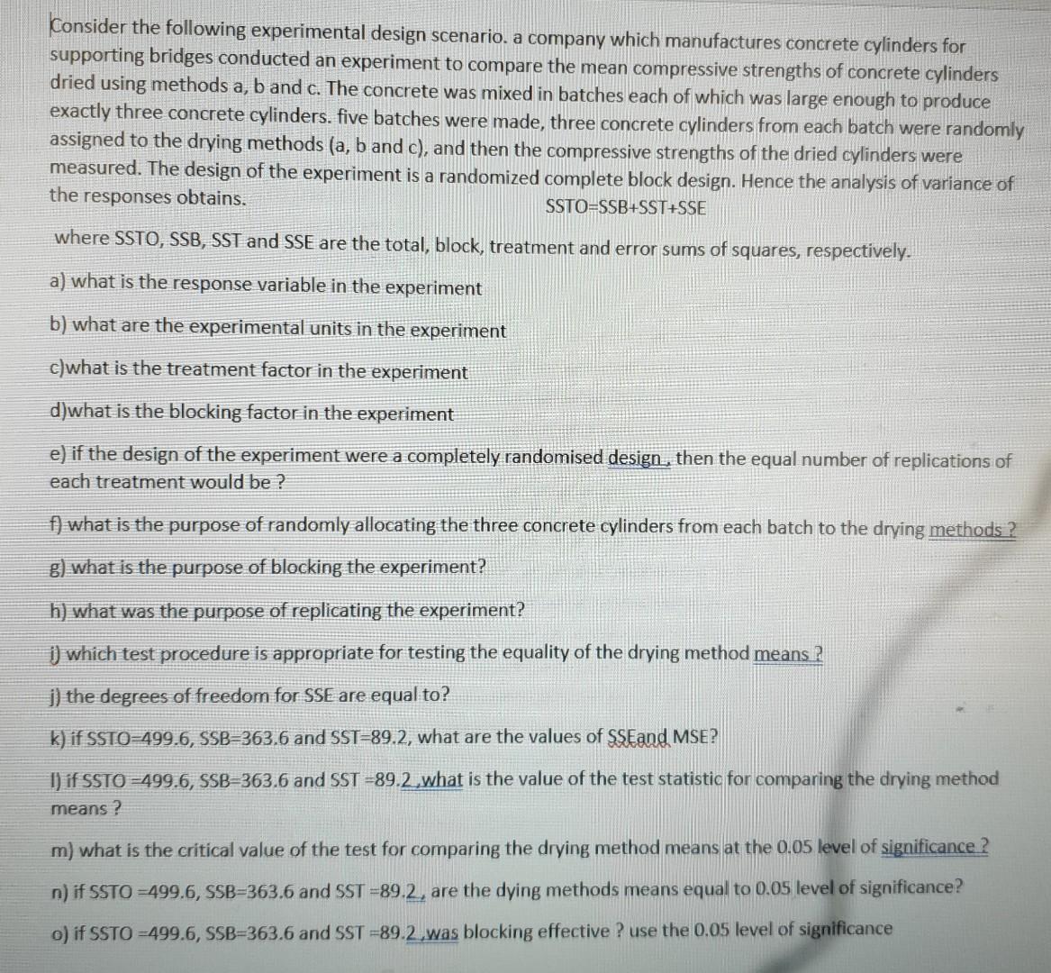 Solved Consider the following experimental design scenario. | Chegg.com