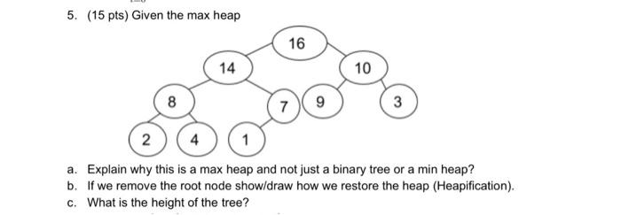 Solved 5. (15 pts) Given the max heap 16 14 10 8 7 9 3 2 4 | Chegg.com