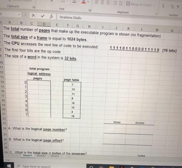 Solved . Font 3 Number B D 1 N Merge & Center $ -% 9 | Chegg.com