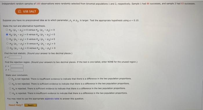 Solved Independent random samples of 160 observations were | Chegg.com