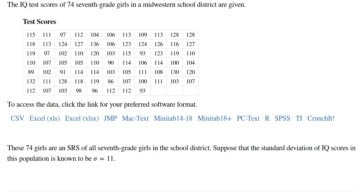 Solved The IQ test scores of 74 ﻿seventh-grade girls in a | Chegg.com