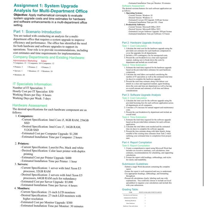 Assignment 1: System Upgrade Analysis for | Chegg.com