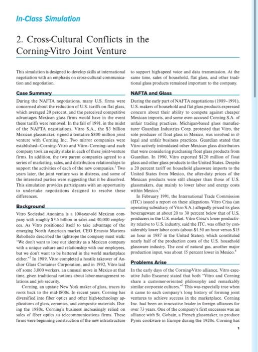 2. Cross-Cultural Conflicts in the Corning-Vitro | Chegg.com