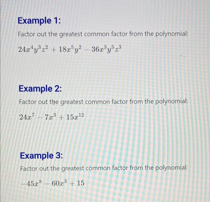 Solved Factor out the greatest common factor from the | Chegg.com