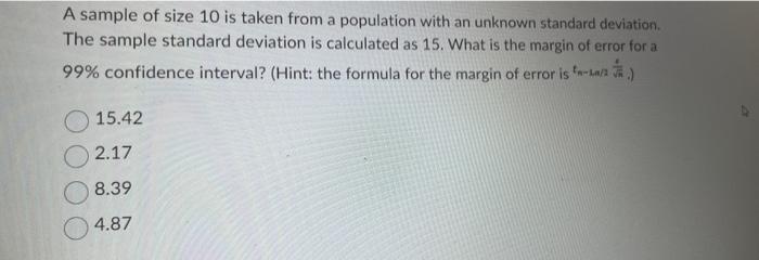Solved A sample of size 10 is taken from a population with | Chegg.com