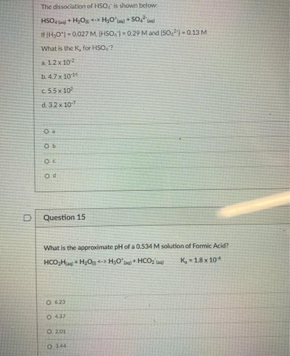 Solved The dissociation of HSO is shown below HSO4(al + H2O | Chegg.com