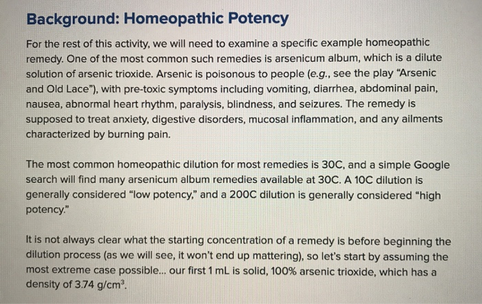 Solved Background: Homeopathic Potency For the rest of this | Chegg.com