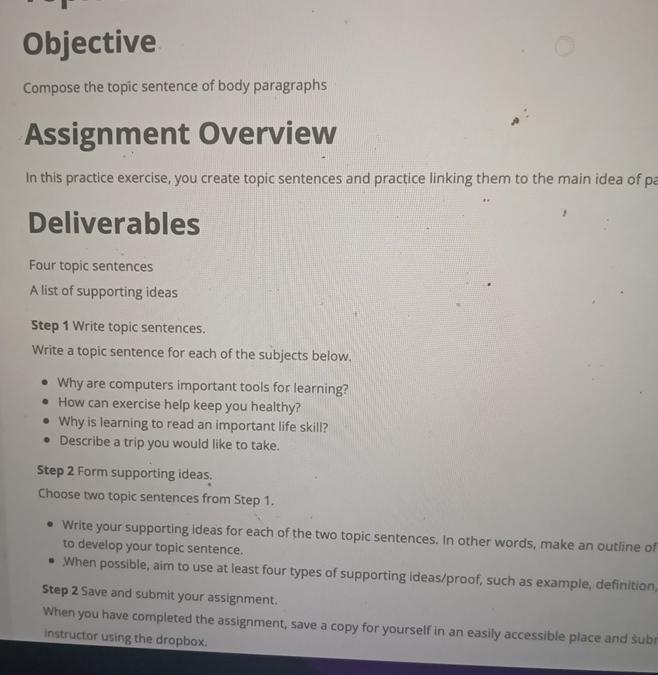 Solved ObjectiveCompose the topic sentence of body | Chegg.com